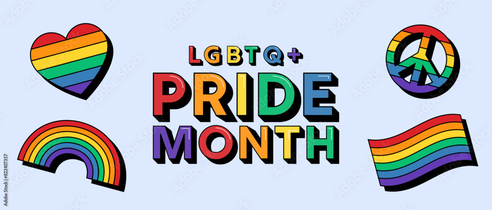 LGBTQ+ Pride Month Text and Gay Pride Rainbow Symbols on Light Blue ...