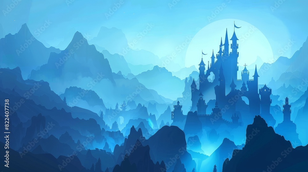 Game world, silhouette, haloed outline, mysterious castle, mountains ...