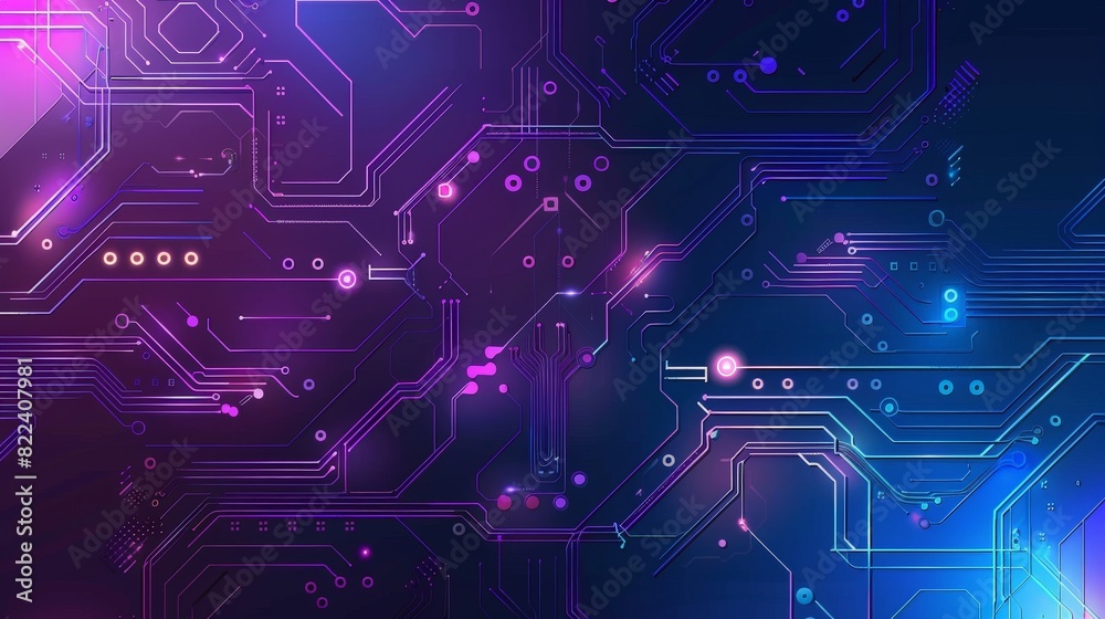 2d flat UI design, noen blue and purple gradient colored circuits lines ...