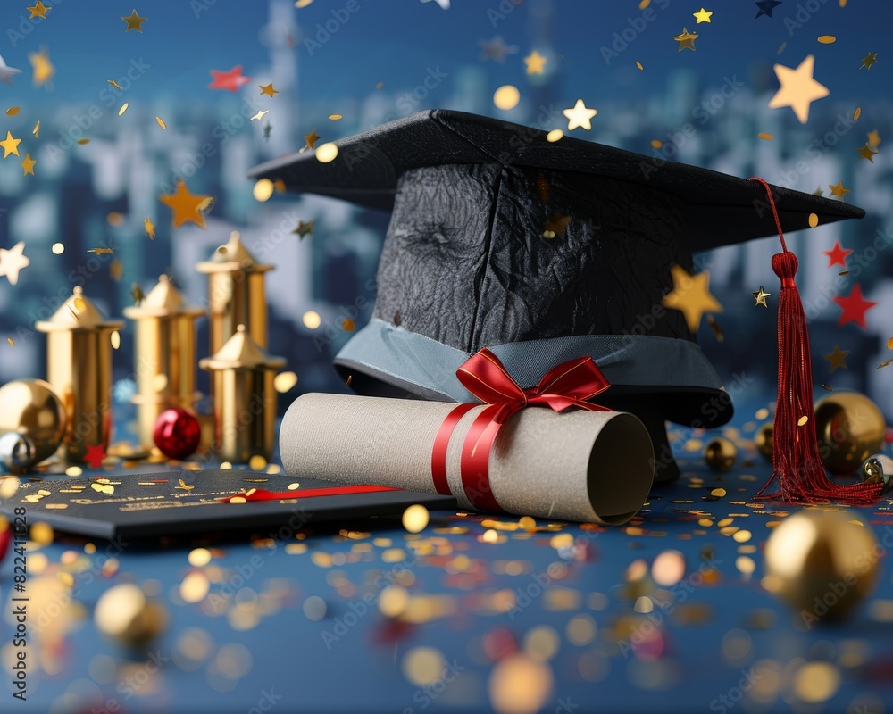 Celebratory Graduation Scene with Cap, Diploma, and Confetti Against a ...