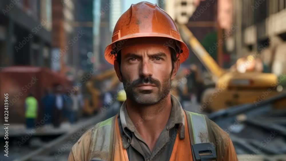 Construction worker in a hard hat on a busy construction site ...