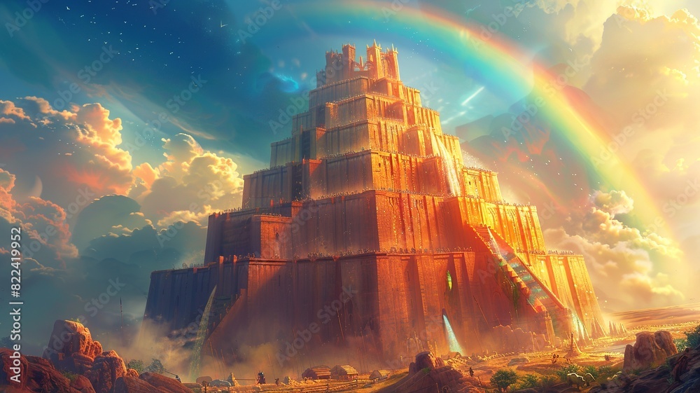 Visualize a colorful cartoon image showcasing the Tower of Babel ...