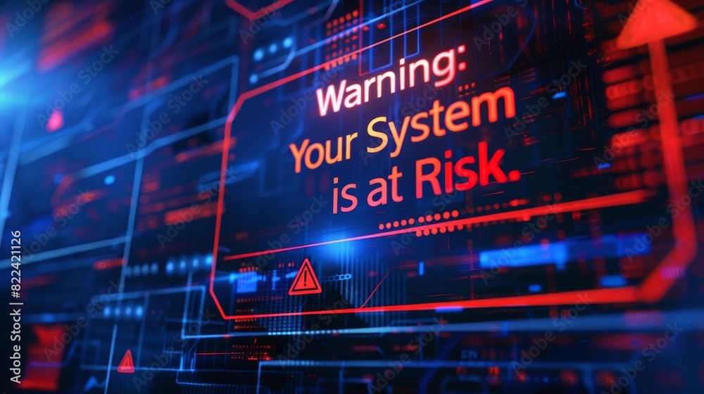 Cyber Security Alert - Intense Warning Message on Computer Screen with Icons and Taskbar in Dark ...