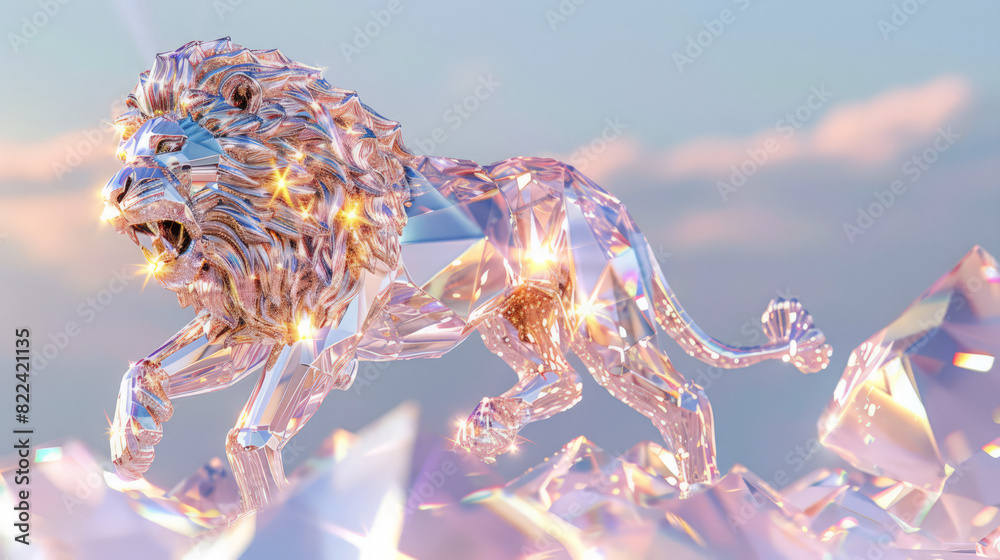 3D super cute jumping lion made of clear diamonds, shiny and ...