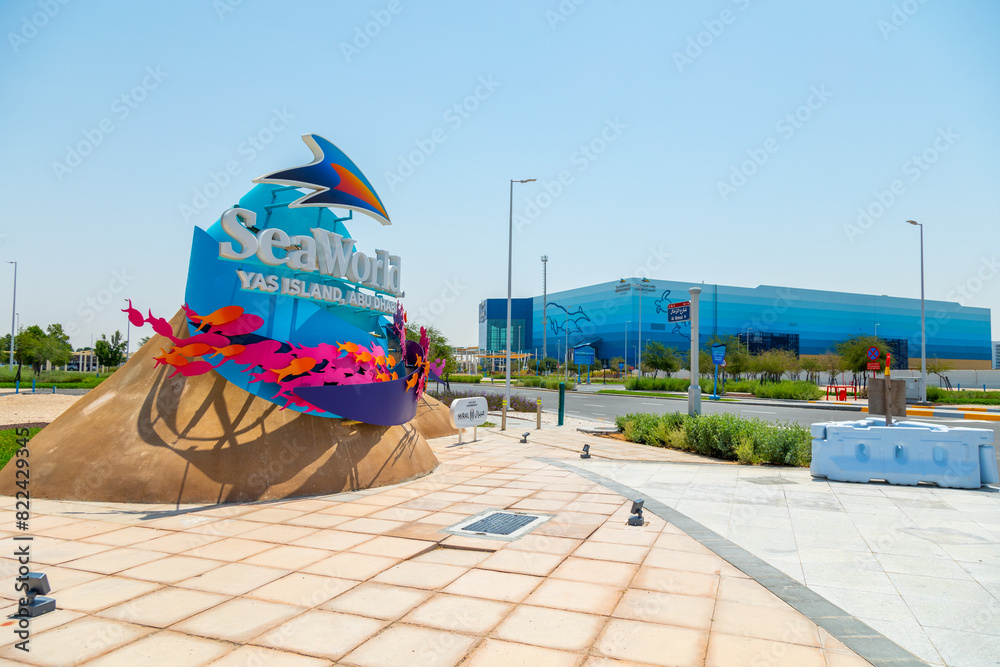 Abu Dhabi, UAE - March 22, 2024: SeaWorld Yas Island sign with colorful ...
