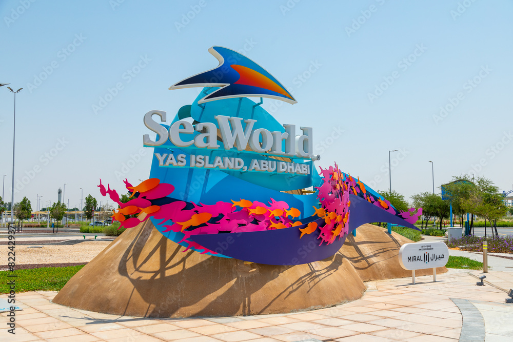 Abu Dhabi, UAE - March 22, 2024: SeaWorld Yas Island sign with colorful ...