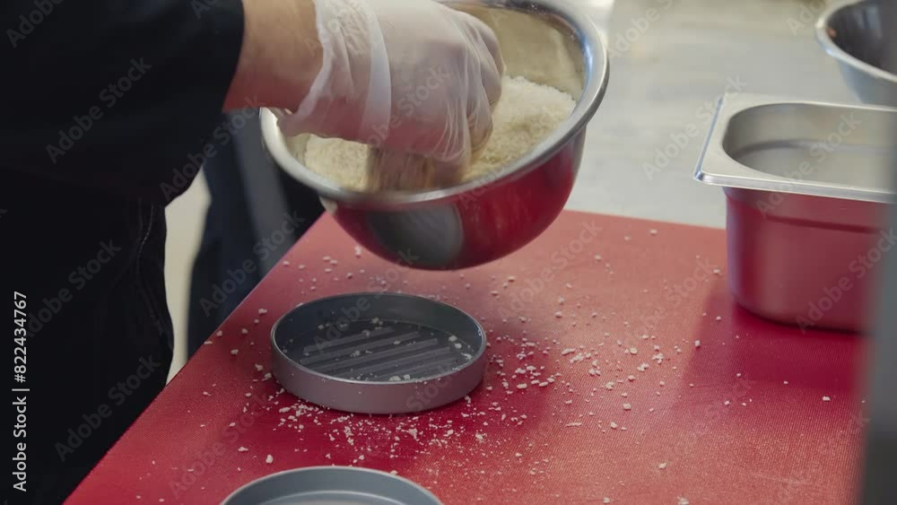 Hamburger meat preparation process at the restaurant. Chef preparing ...