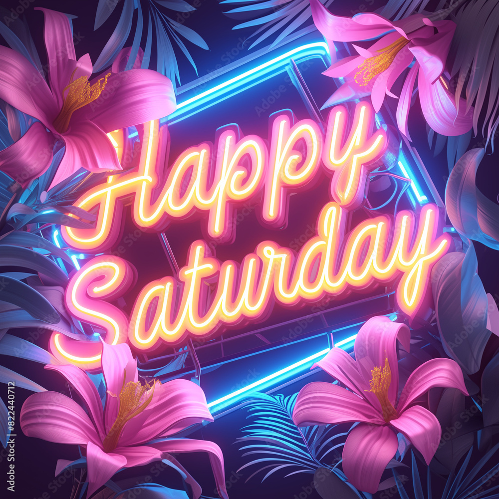 neon sign illustration of a "Happy Saturday", Weekend sign, Happy ...