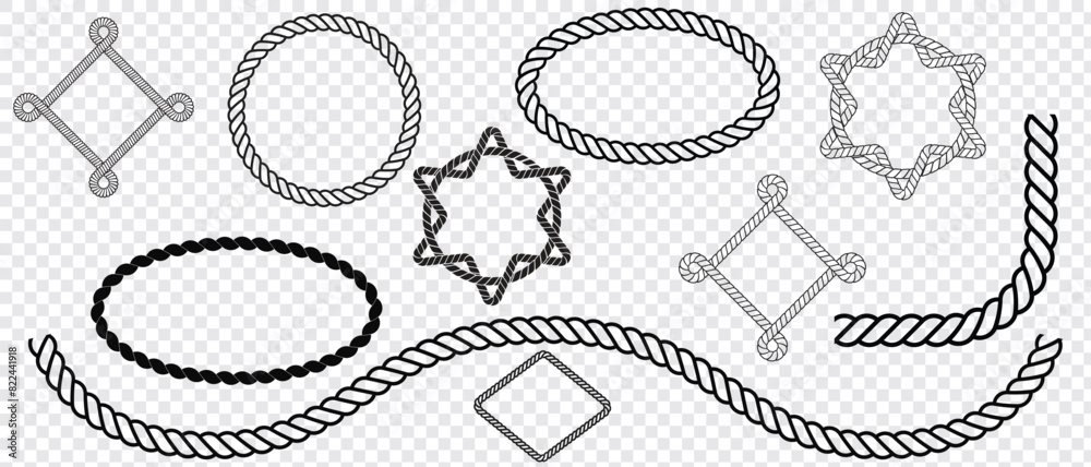 Nautical rope knots and frames. Swaying black nautical rope border ...