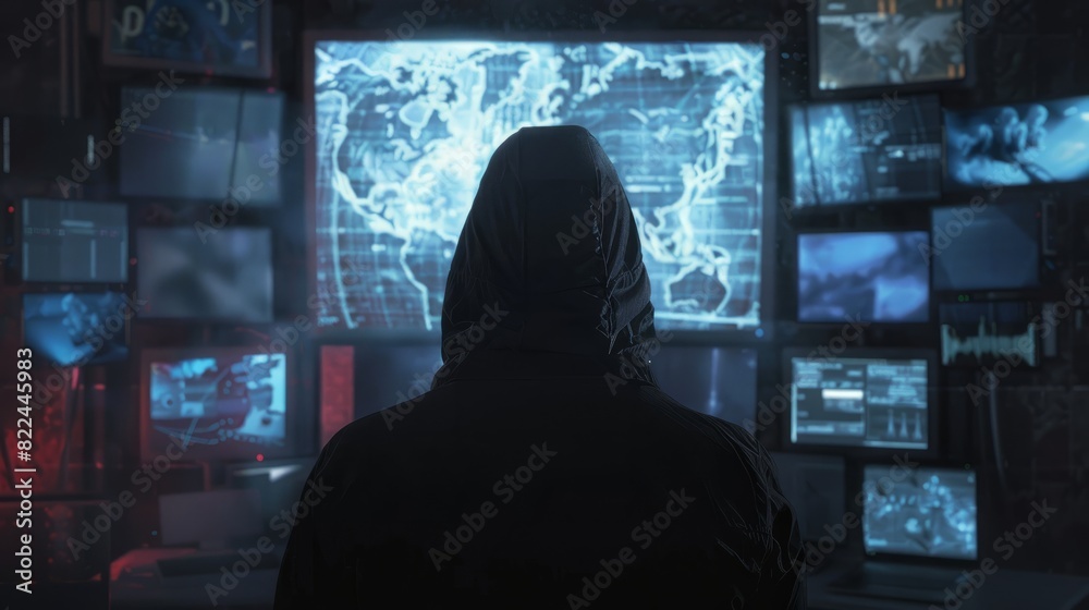 Silhouette of a hooded computer hacker behind multiple displays and digital information. Data ...