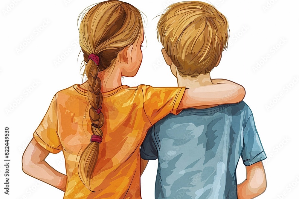 Vector drawing of two friends, a boy and a girl, seen from the back ...