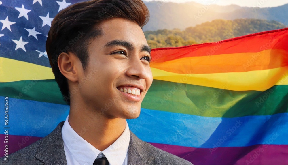 attractive man smiling against lgbt flag background, queer pride month ...