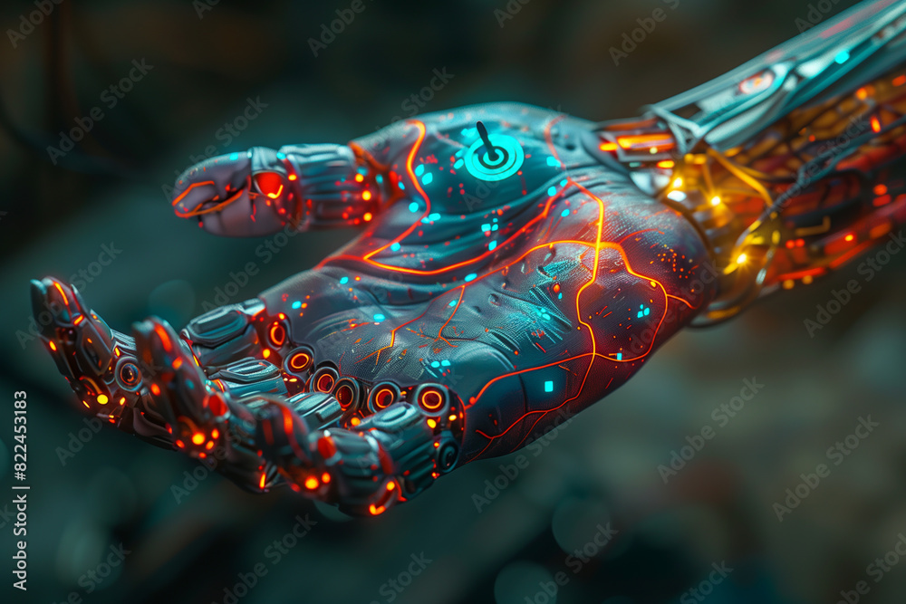 Robot hand connected to futuristic digital technology. Conceptual image ...