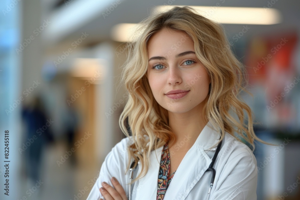 Confident young blonde female doctor wearing a white lab coat and ...