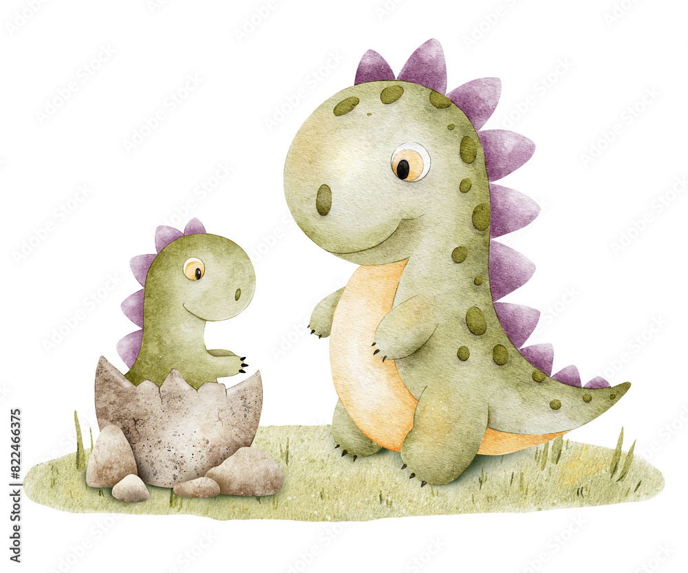 Mommy and baby dinosaurs in egg in meadow. Childish Print with dinos ...