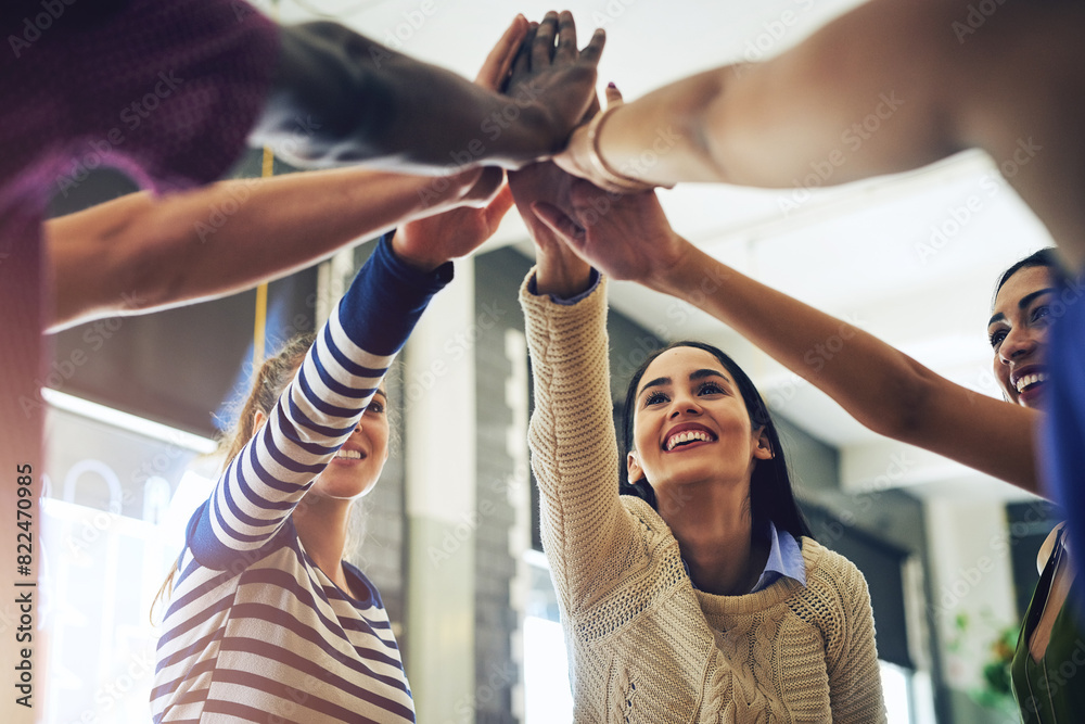 Group diversity, circle and high five for friendship, teamwork and ...
