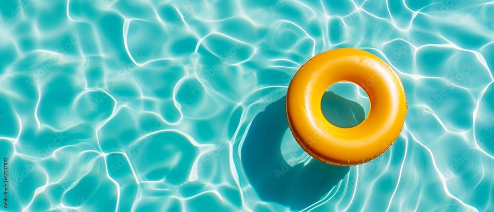 swimming pool inner tube floating in the clear pool, yellow inner tube ...