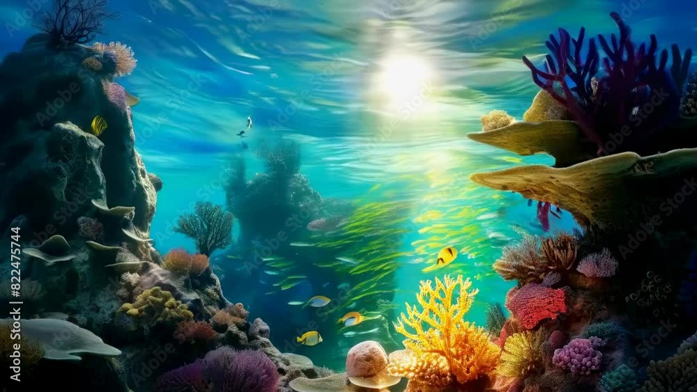 A vibrant underwater coral reef, teeming with colorful fish and marine ...