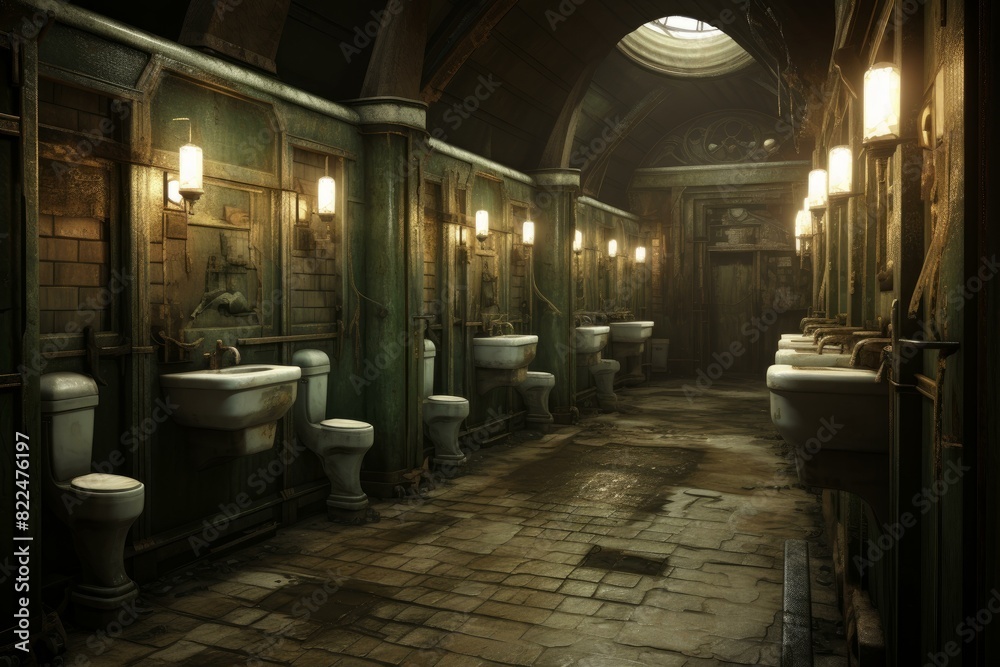 Vintage public restroom with eerie atmosphere and dim lighting inside a ...