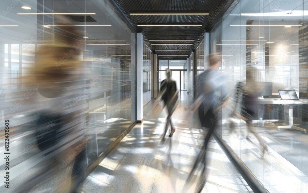 Blurry figures hustling through a modern office corridor. Stock ...
