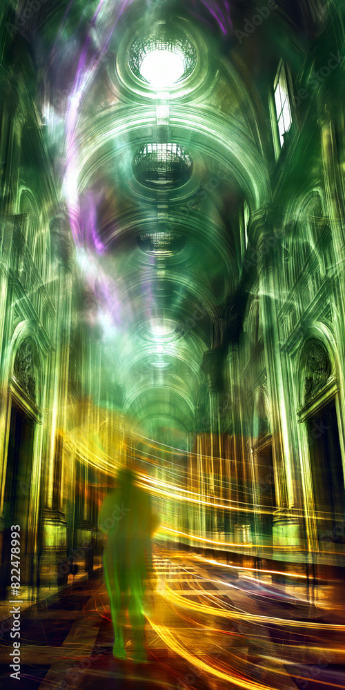 Light streams cascade through a grand cathedral interior, creating an ...