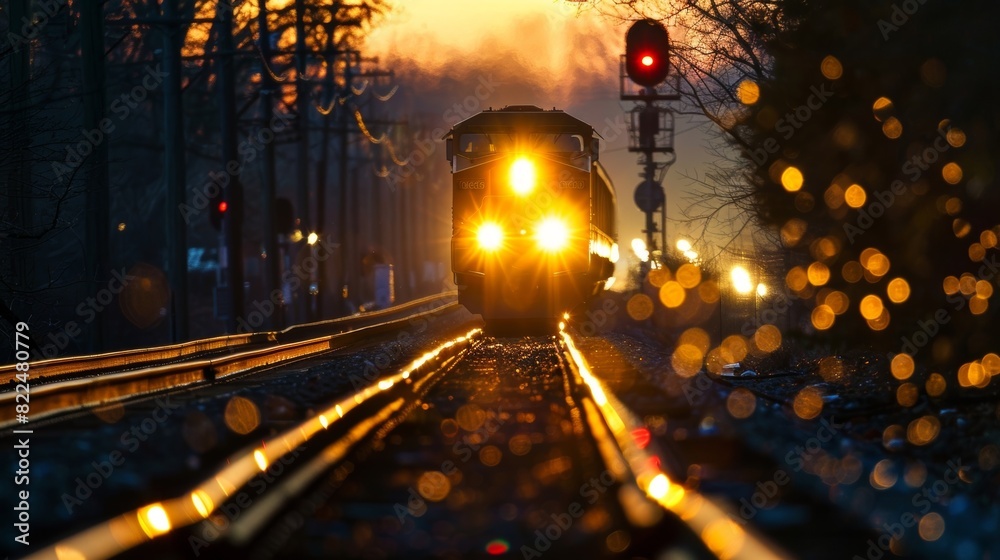 Light beams from the trains headlights illuminate the track ahead ...