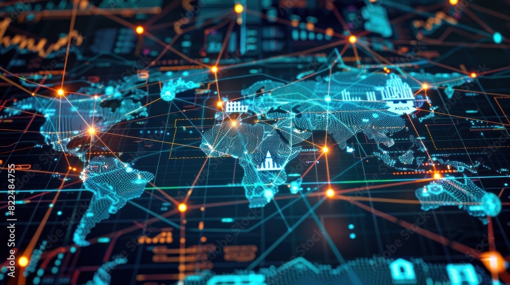 A network map showing global trade routes with glowing lines connecting ...