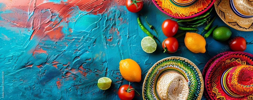 Colorful Mexican fiesta background with sombrero hat, maracas, chili ...