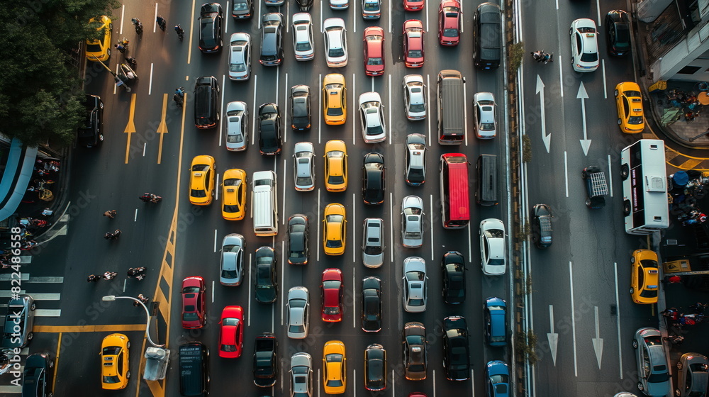 Overhead view of a bustling city street teeming with cars in a gridlock ...