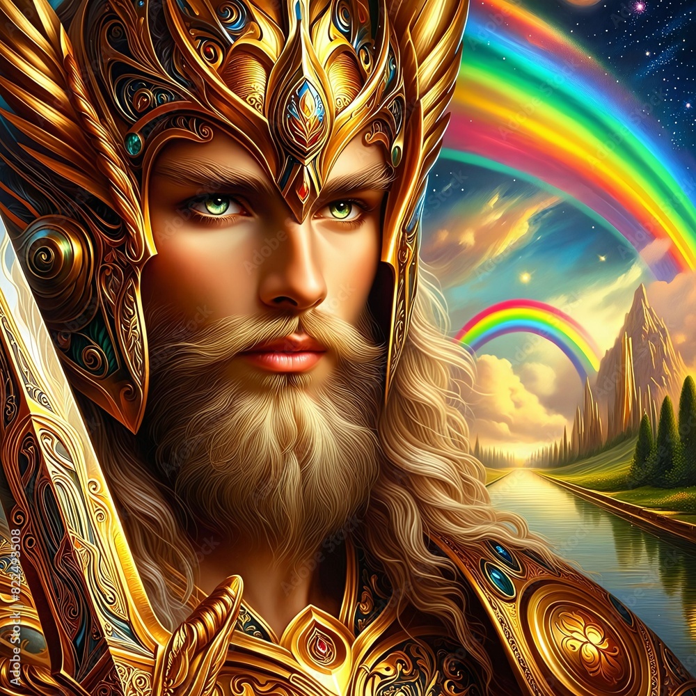 Heimdall, Guardian of Asgard and the Rainbow Bridge. Golden armor. He ...