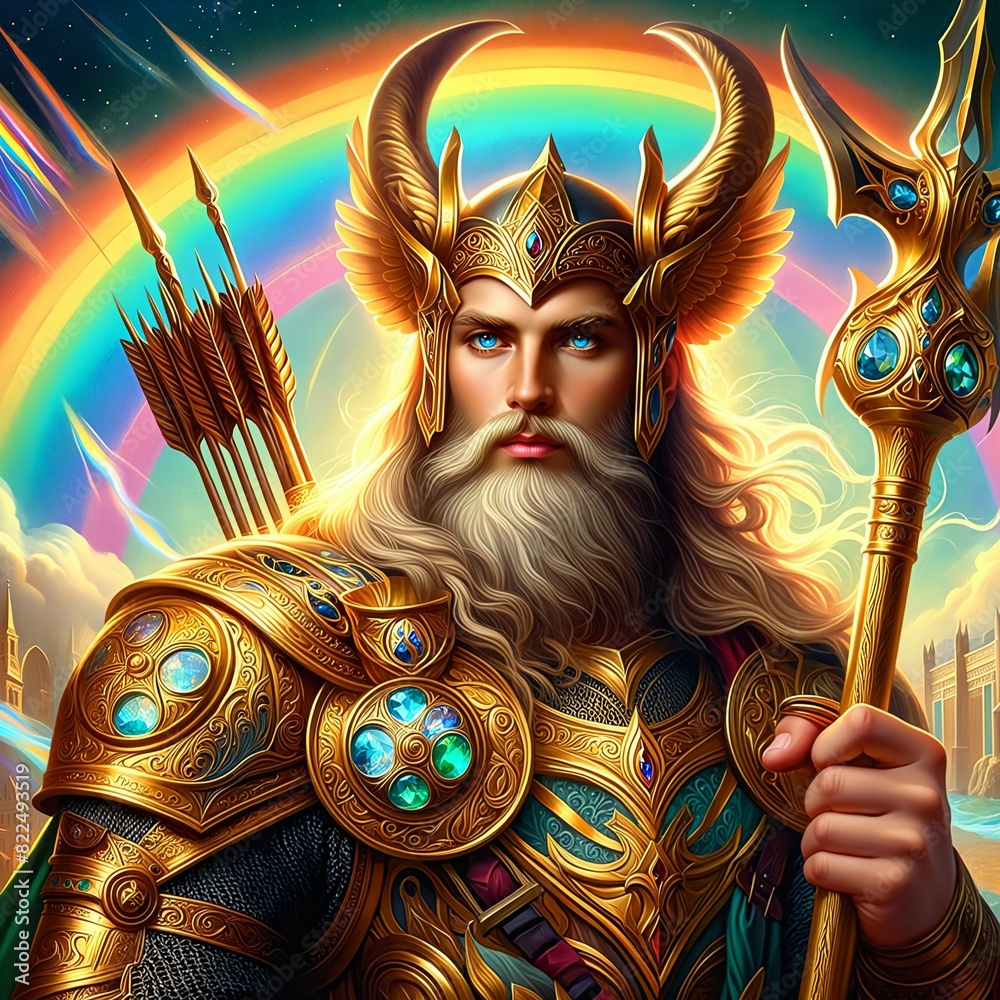 Heimdall, Guardian of Asgard and the Rainbow Bridge. Golden armor. He ...