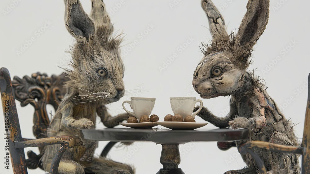 Two stuffed animals sitting around a table with cups of tea or coffee ...