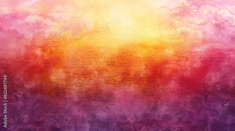 A painting featuring a pink, yellow, and purple background; scripted ...