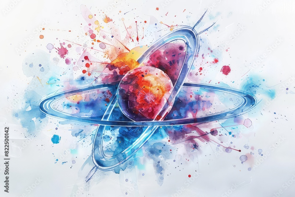 Watercolor atom with splashing colors for electrons, soft light ...
