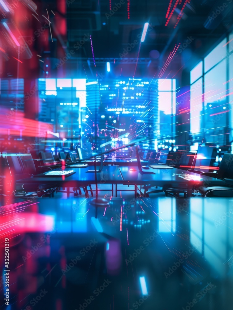 Modern neon cyberpunk open space office interior blurred with ...