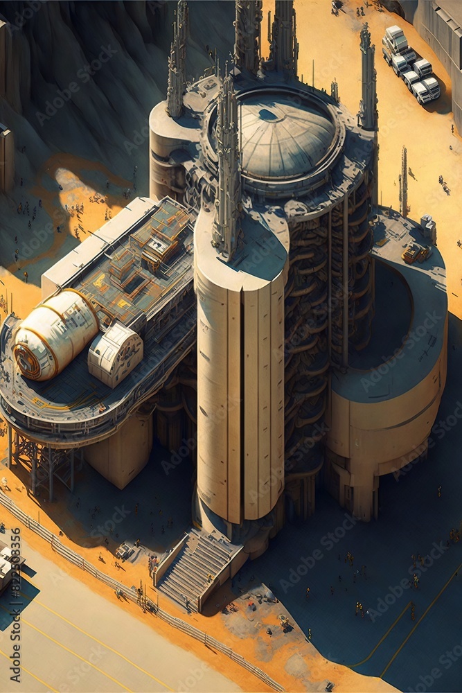 Futuristic industrial building with complex structures in desert ...