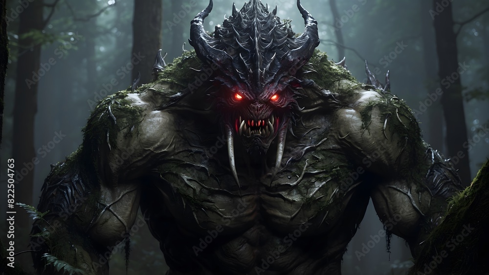A towering, hulking monster with sharp claws and glowing red eyes ...