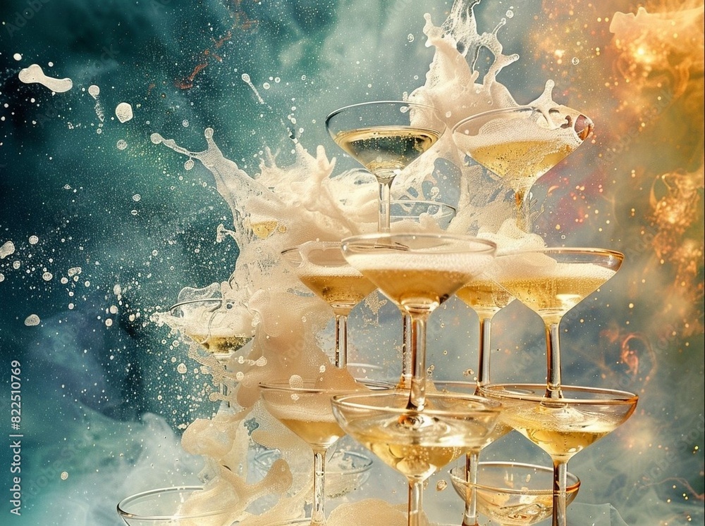 High fantasy: champagne flowing into a cascading pyramid of glasses ...