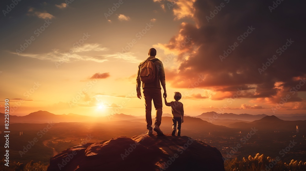 Fathers day. Back view of a little child boy sitting on his fathers ...