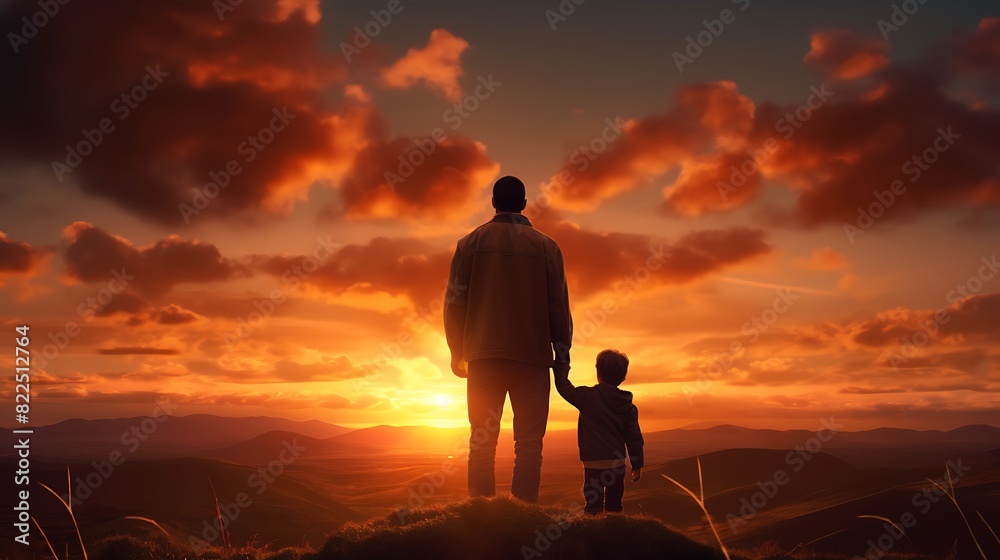 Fathers day. Back view of a little child boy sitting on his fathers ...