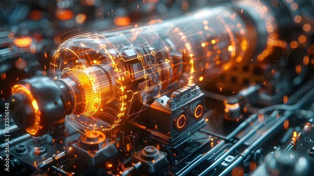 Futuristic Holographic Overlay of Gasoline Engine with Moving Parts in ...