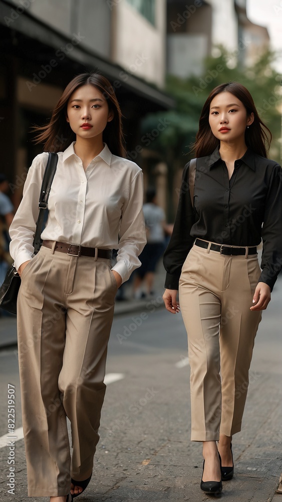 Confident and attractive asian women, dressed in classic strict clothes ...