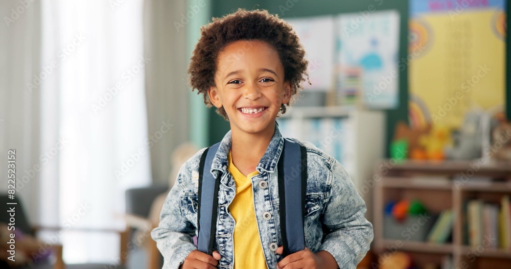 Smile, face and student in classroom for education, learning and ready ...