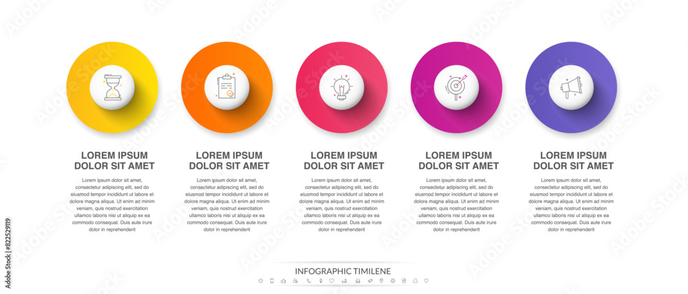 Timeline vector infographic design with 5 icons and circles. Circular ...