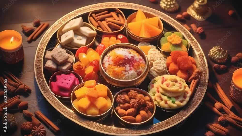 A festive tray brimming with traditional Indian sweets such as ladoo ...