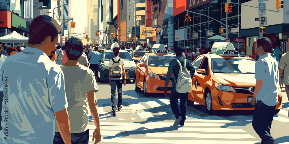 A bustling city street, with people rushing to and fro, cars honking ...