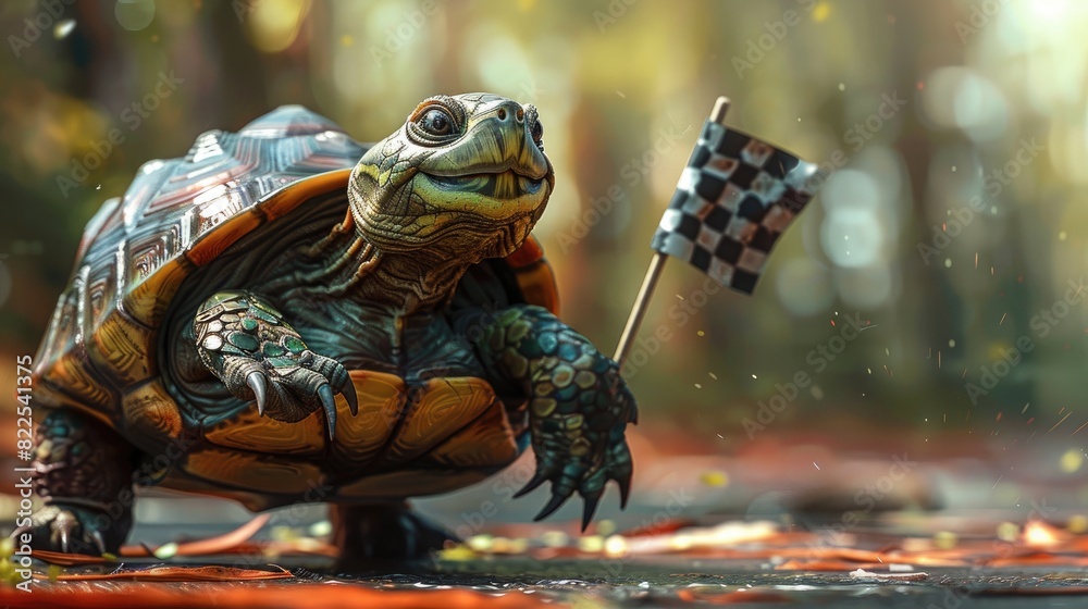 A turtle in a race car driver's suit, holding a checkered flag, on a ...