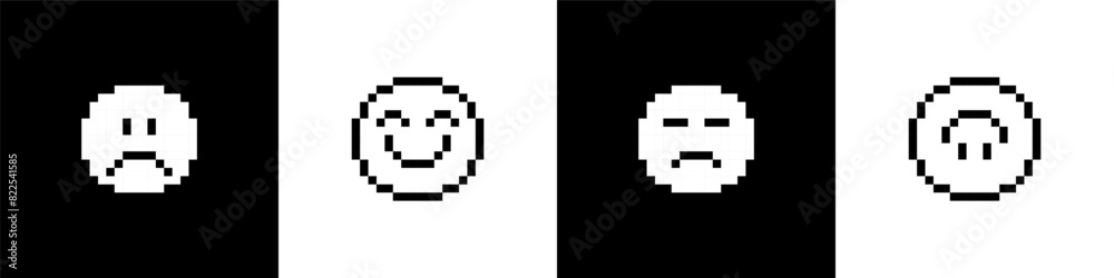 Set of pixel smile icons. Various emoji. Sad and happy faces. Pixels ...