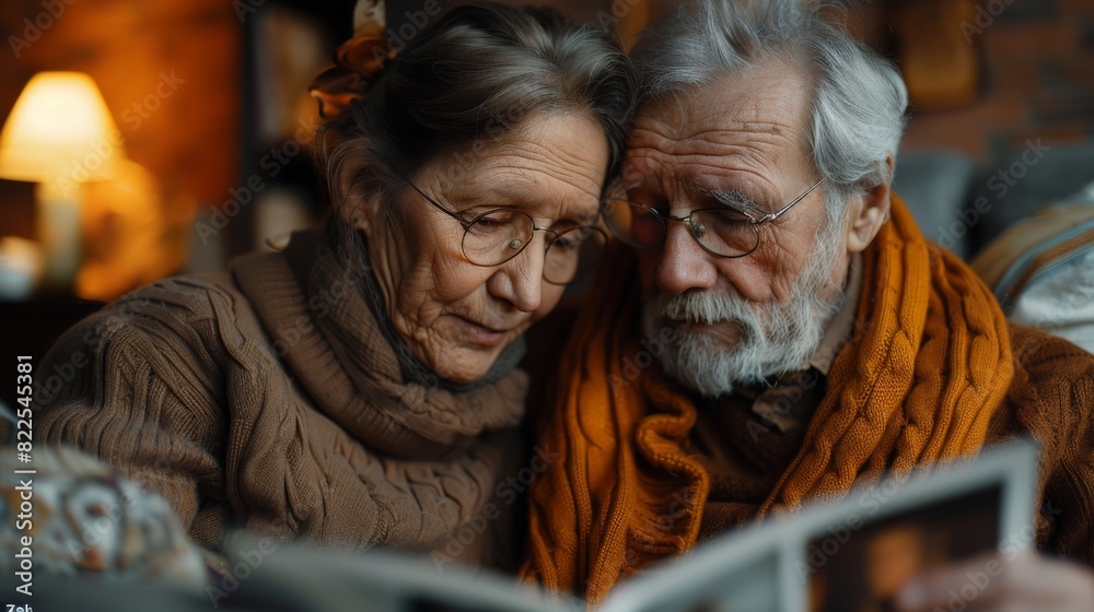 Elderly couple reminiscing while looking at an old photo album in a ...