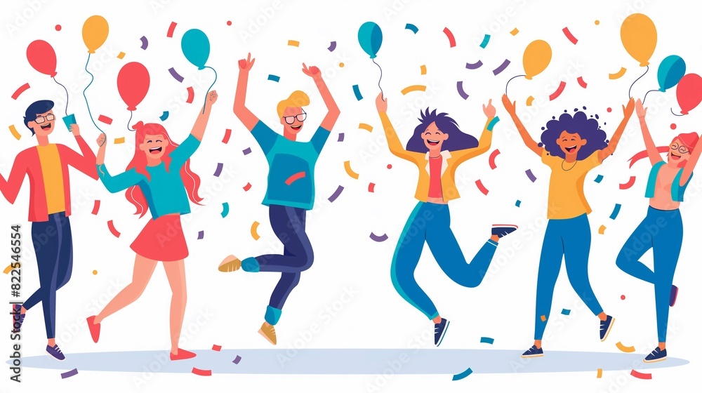 Cartoon party people. Trendy happy dancing group of men and women with ...